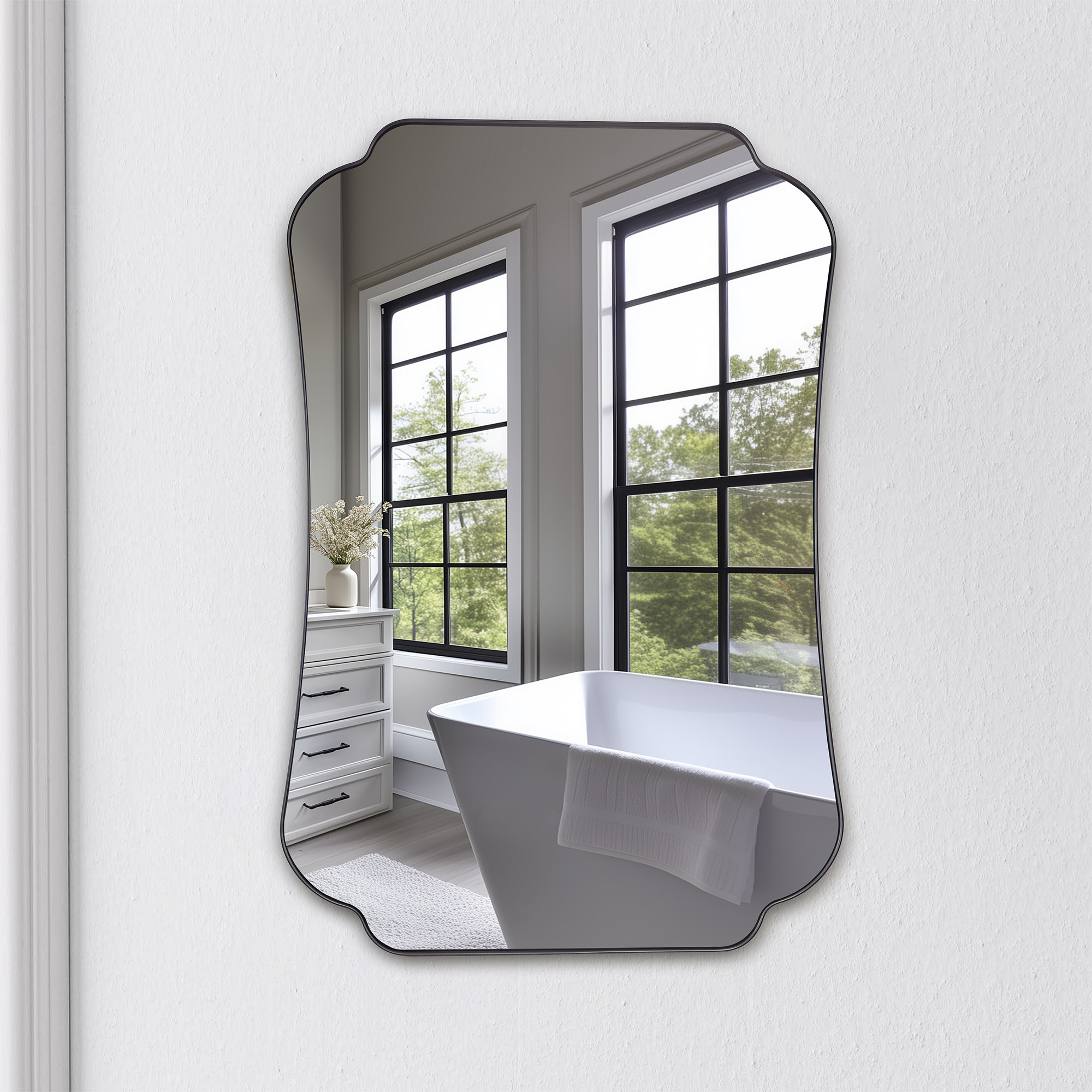Winston Porter Contemporary Concave Edge Scalloped Bathroom Mirror Decorative | Stainless Steel ...